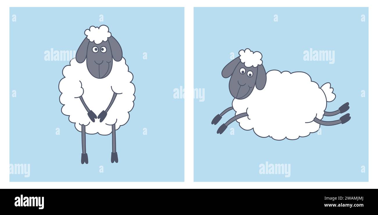 Flat Vector Cute Funny Sheep - Standing and Flying. Cartoon Sheep ...