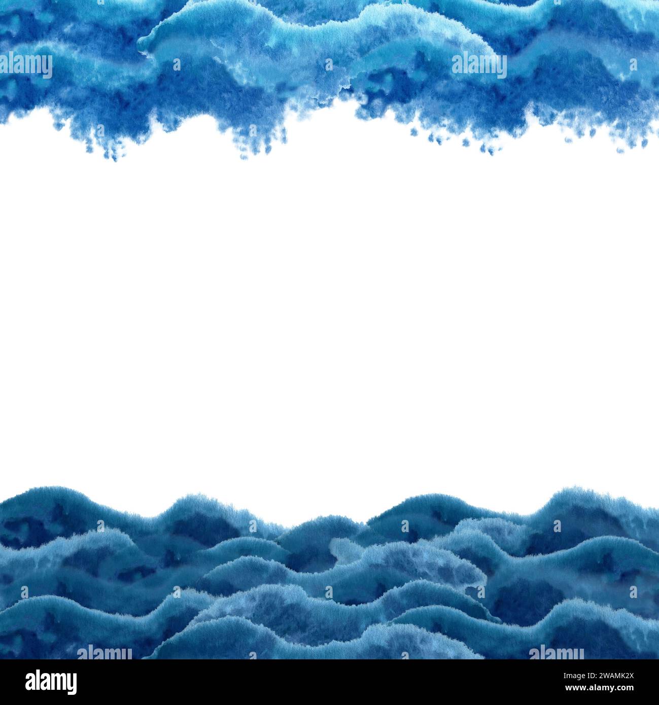 Watercolor blue border for the image of the sea, waves, sky, clouds ...