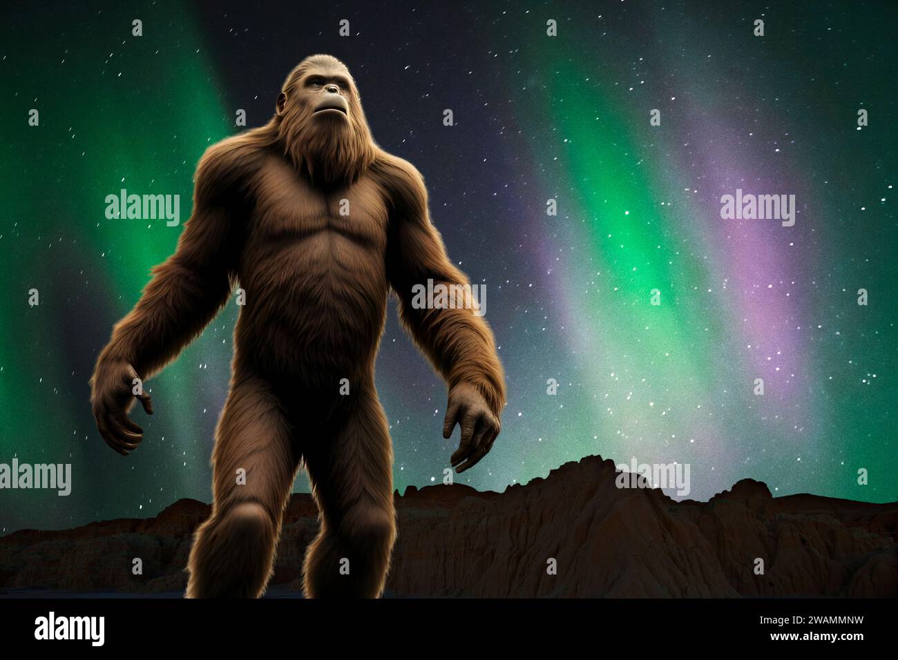 Bigfoot (Sasquatch) Winter night with Northern Lights (Aurora Borealis ...