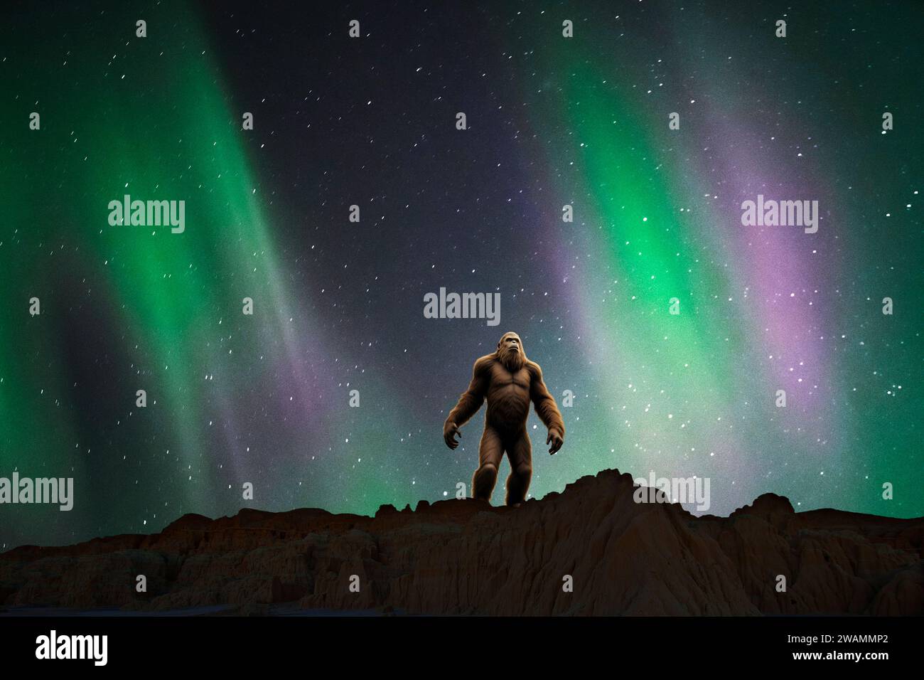 Bigfoot (Sasquatch) Winter night with Northern Lights (Aurora Borealis ...