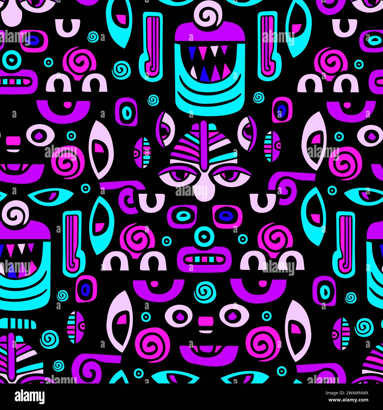 Abstract graphic colored faces seamless pattern. Ancient Inca mask ...