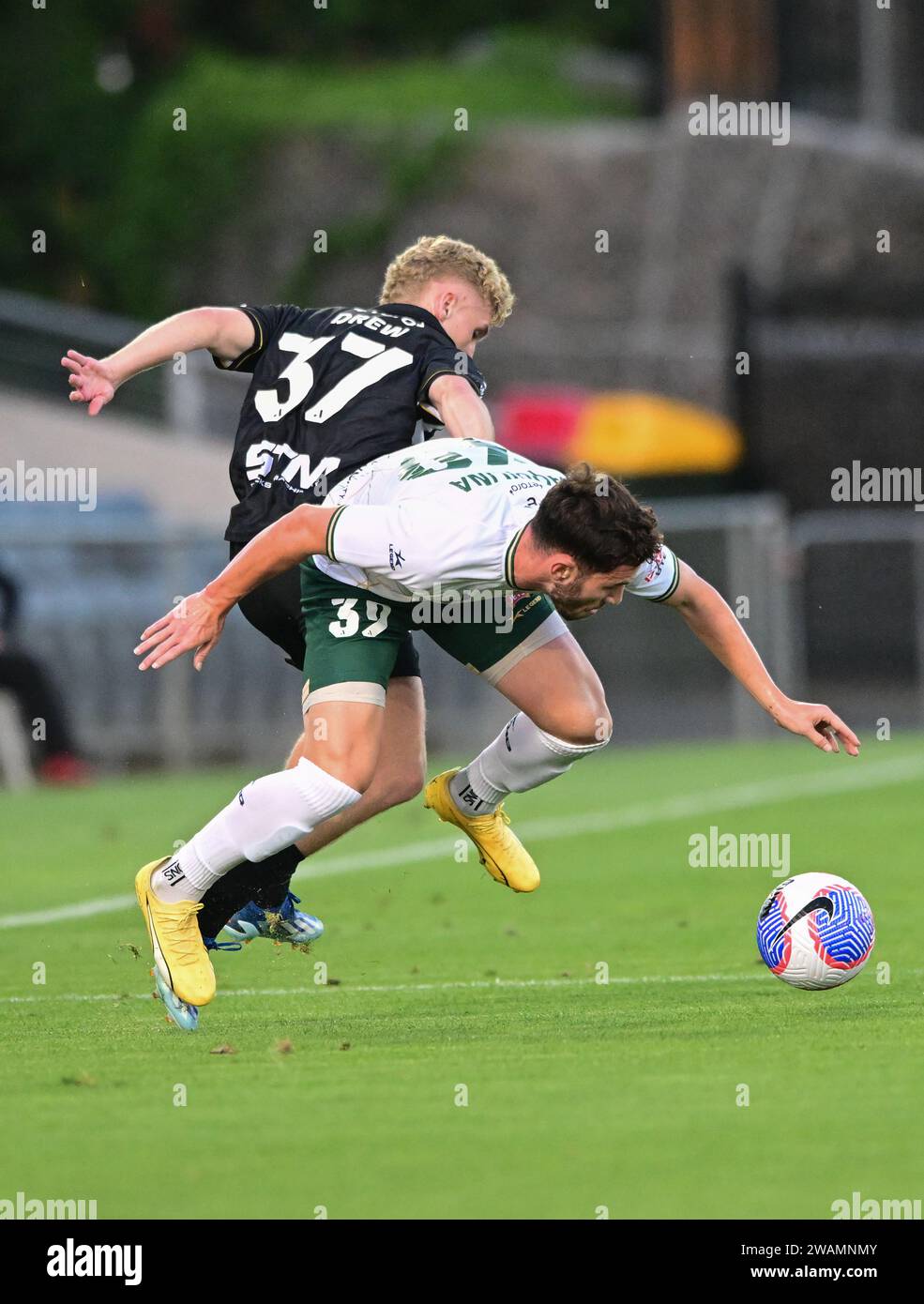 Leumeah, Australia. 05th Jan, 2024. Jed Drew (L) of Macarthur FC team ...