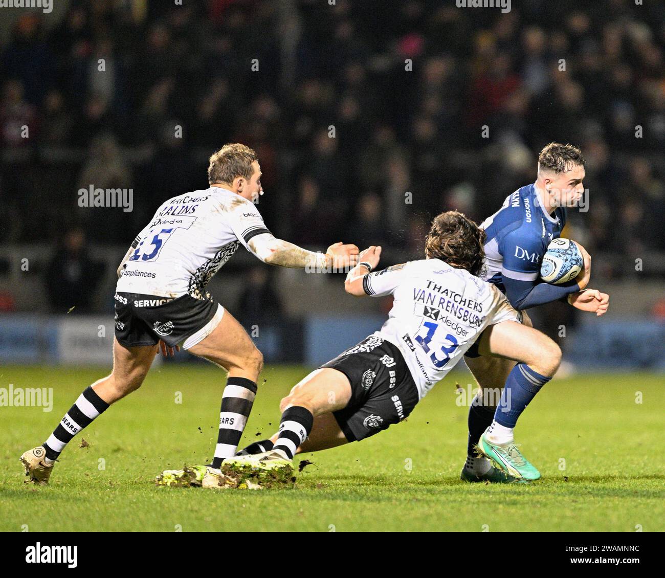 Joe Carpenter of Sale Sharks get tackled, by Benhard Janse van Rensburg ...