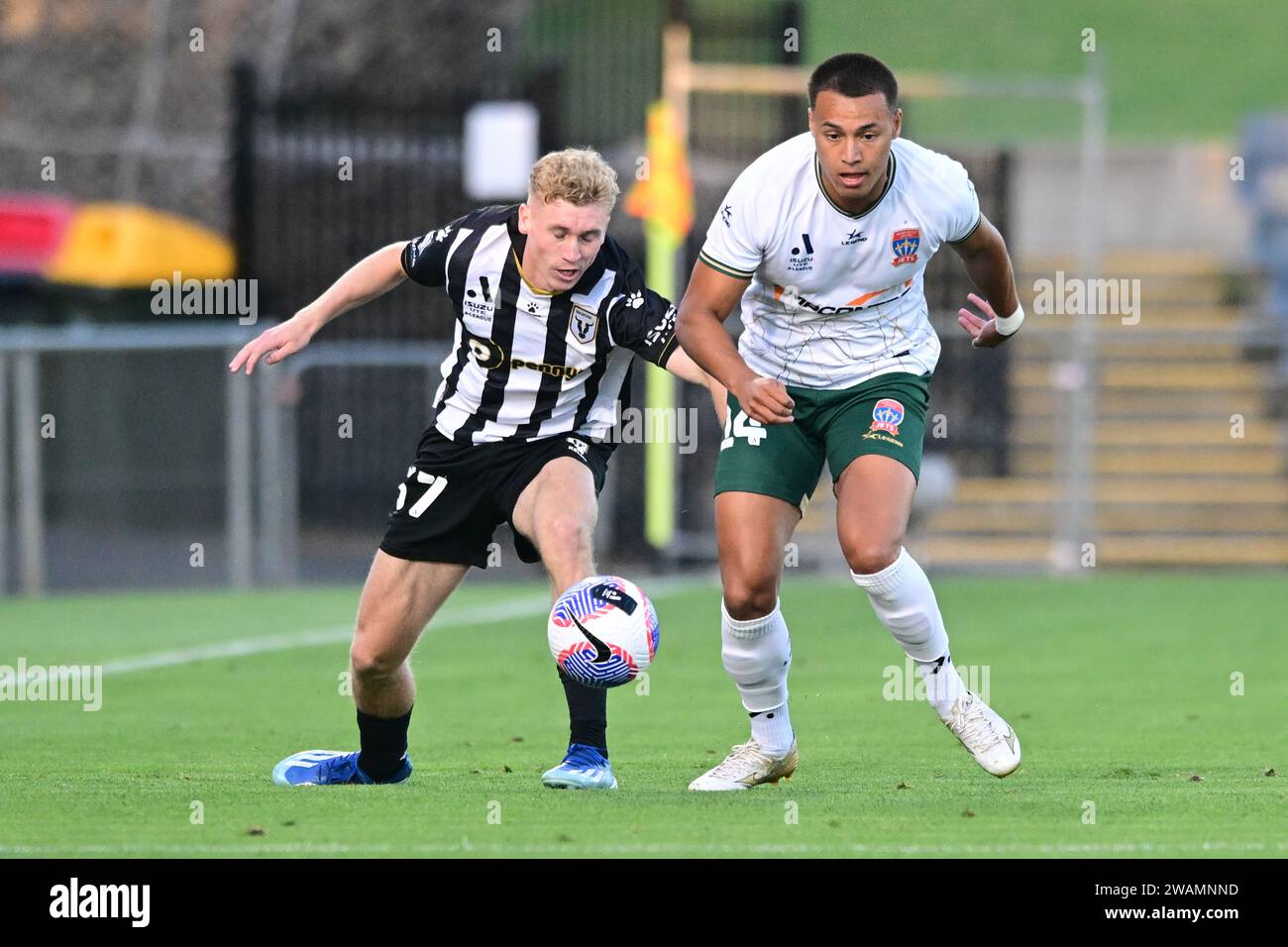 Leumeah, Australia. 05th Jan, 2024. Jed Drew (L) of Macarthur FC team ...