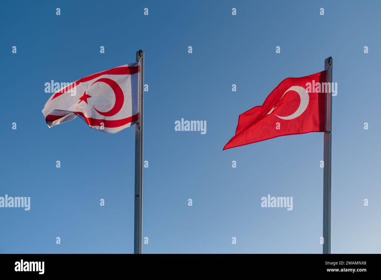 flags of the Turkish Republic of Northern Cyprus and Turkey against the ...