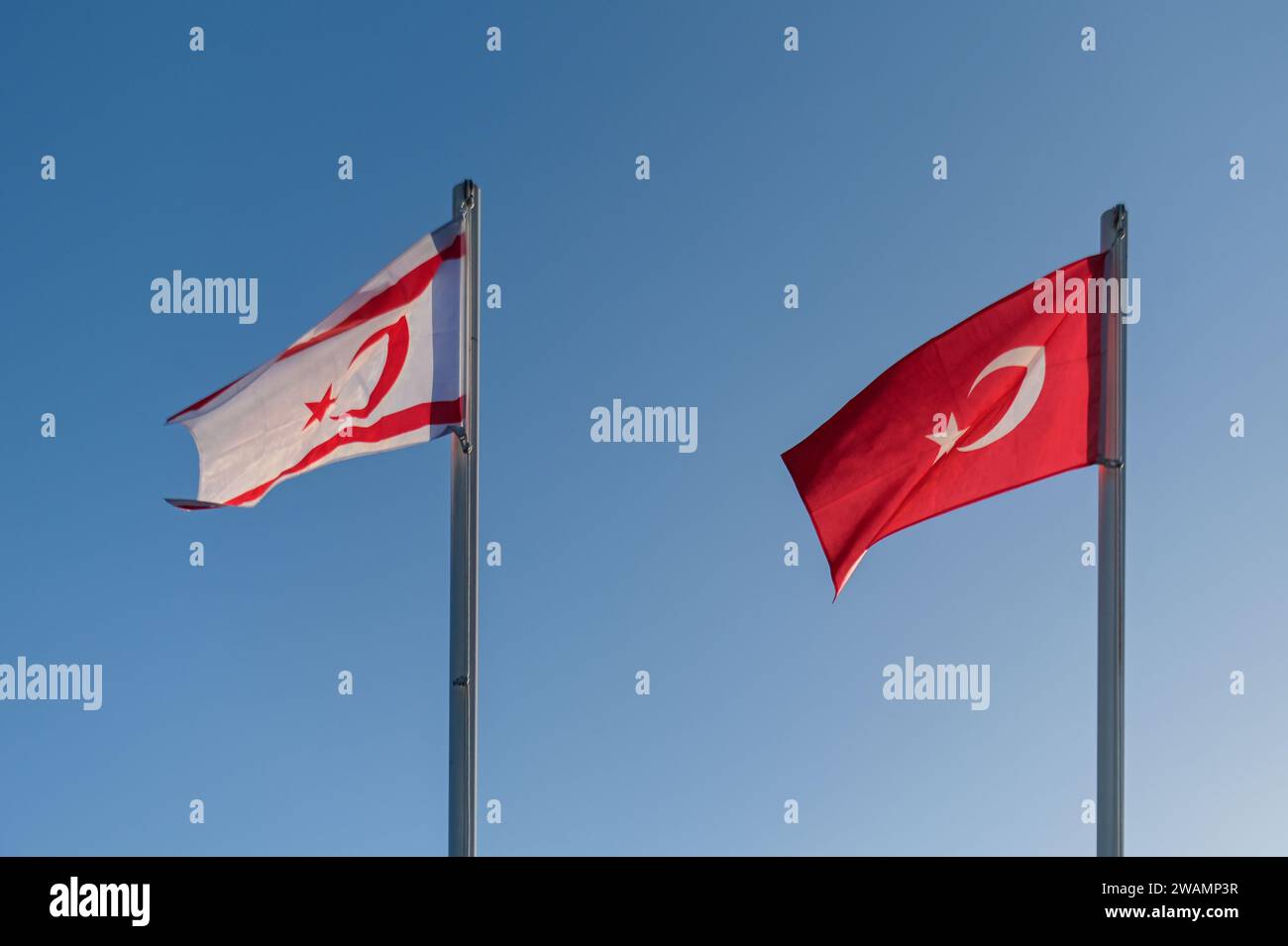 flags of the Turkish Republic of Northern Cyprus and Turkey against the ...
