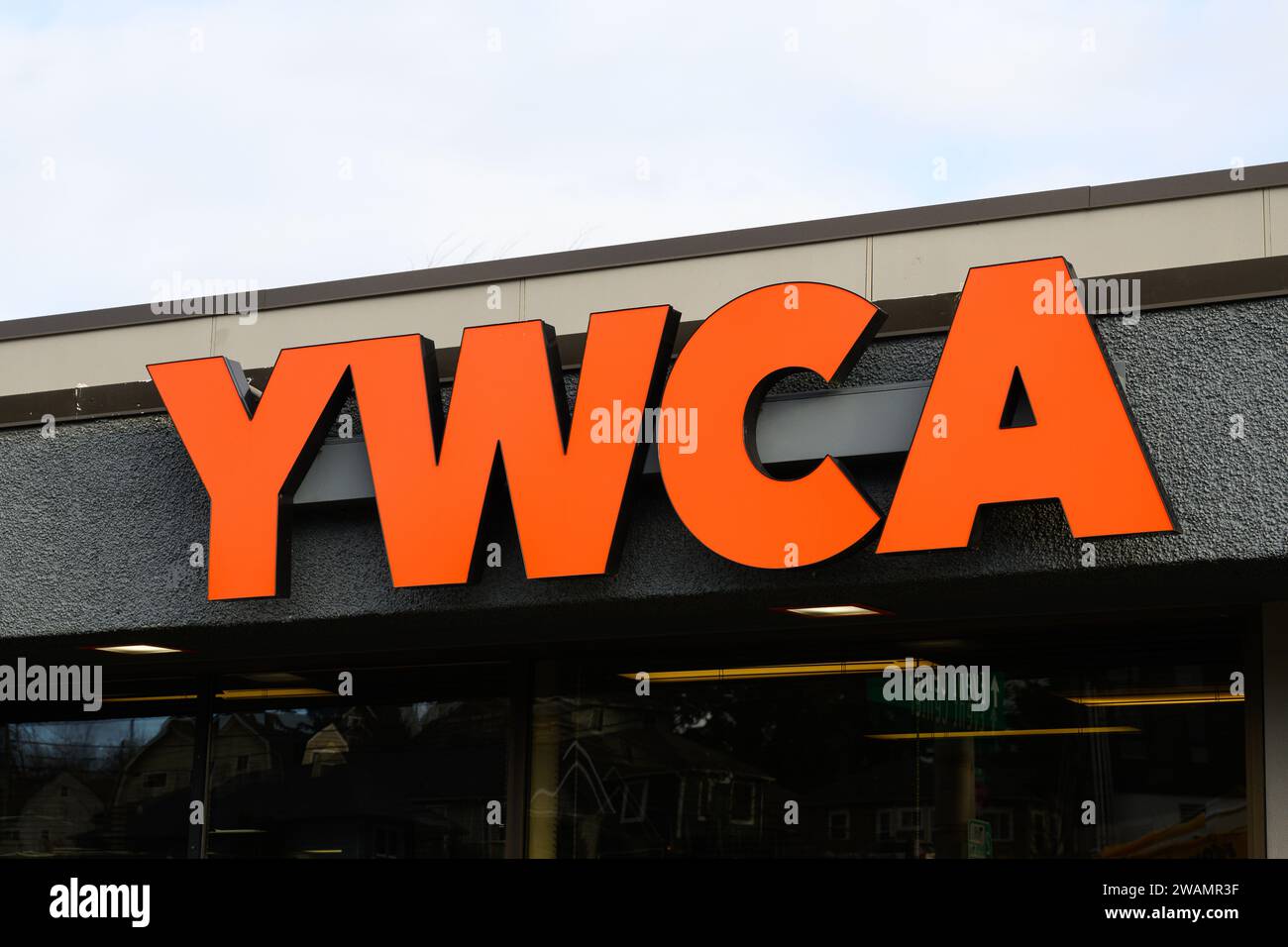 Everett, WA, USA - January 3, 2024; Orange YMCA sign in large letters ...