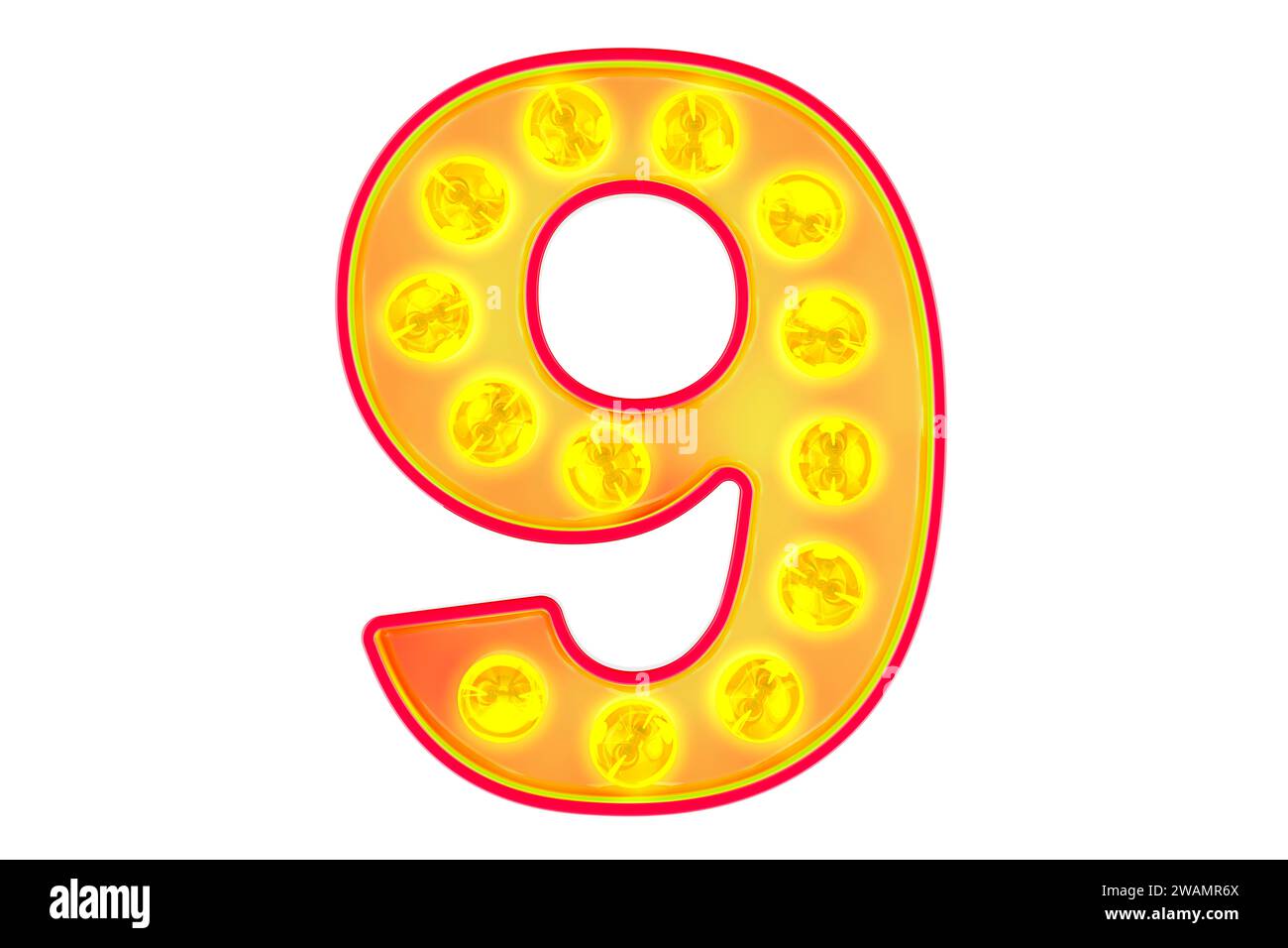 Light bulb number 9, glowing retro font. 3D rendering isolated on white ...