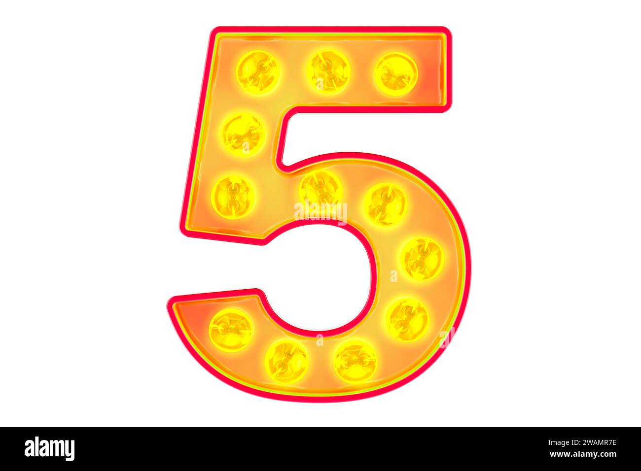 Light bulb number 5, glowing retro font. 3D rendering isolated on white ...