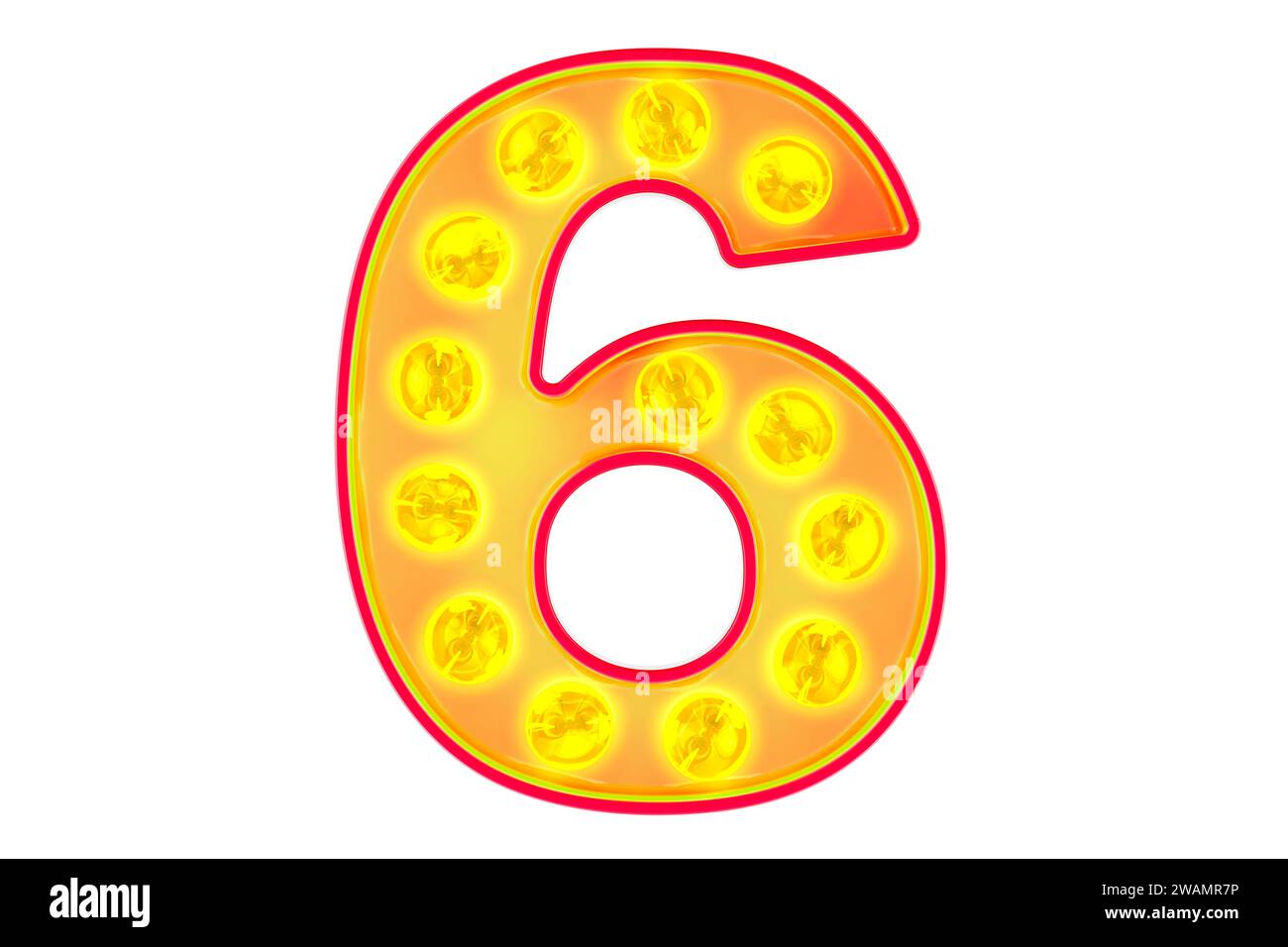 Light bulb number 6, glowing retro font. 3D rendering isolated on white ...