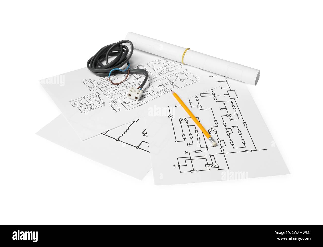 Wiring diagrams, wires and pencil isolated on white Stock Photo - Alamy