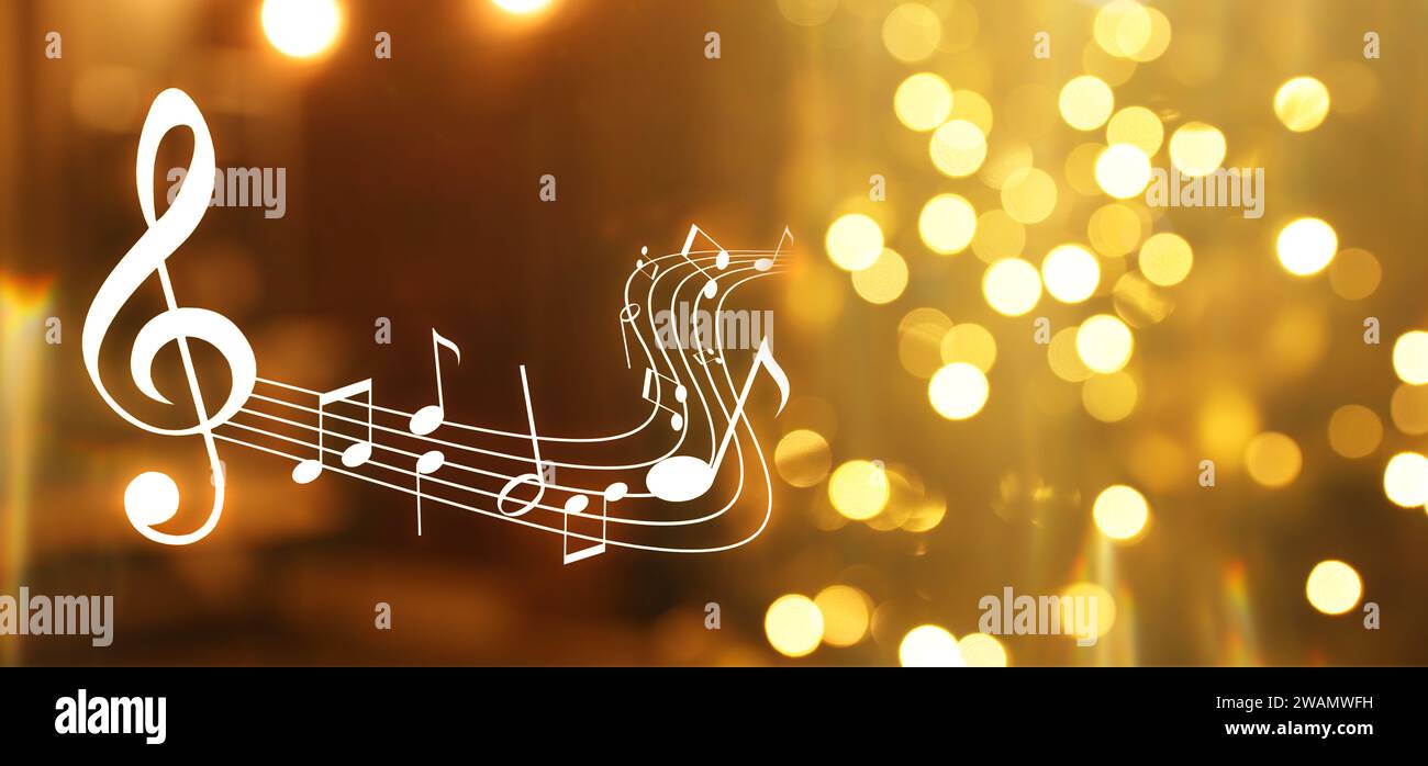 Music notes on blurred background, bokeh effect. Banner design Stock ...