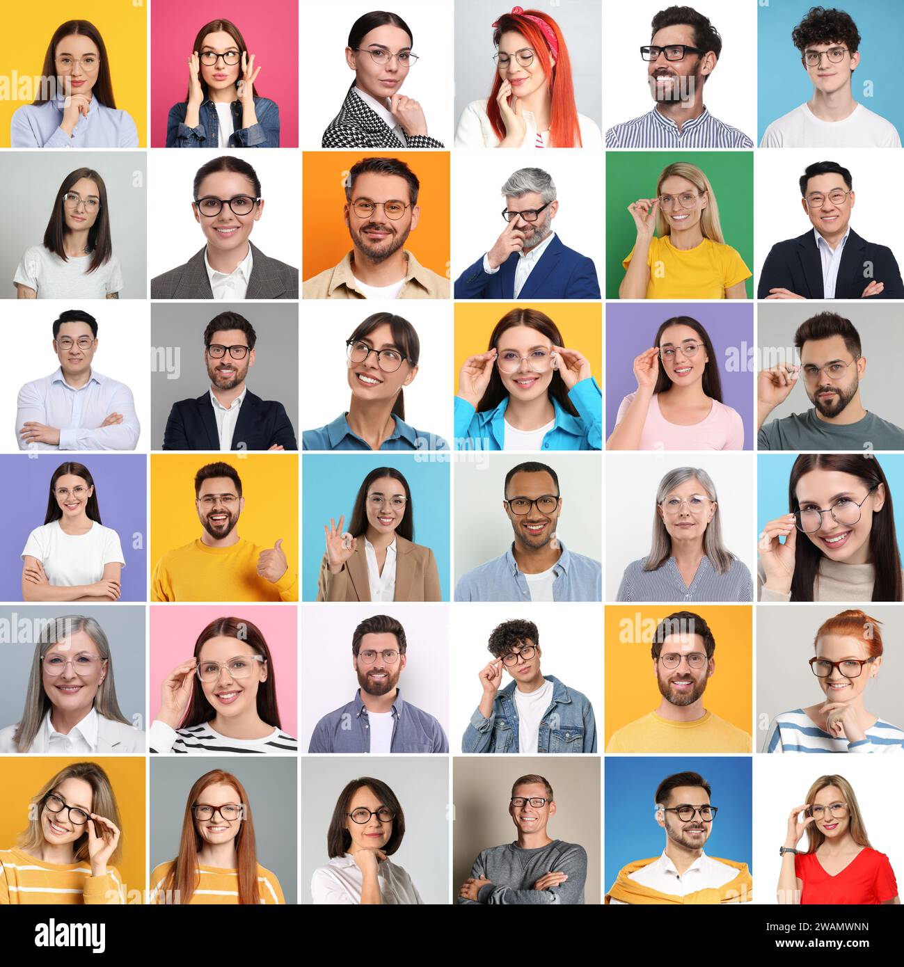 Many people in glasses on different backgrounds, collection of photos ...