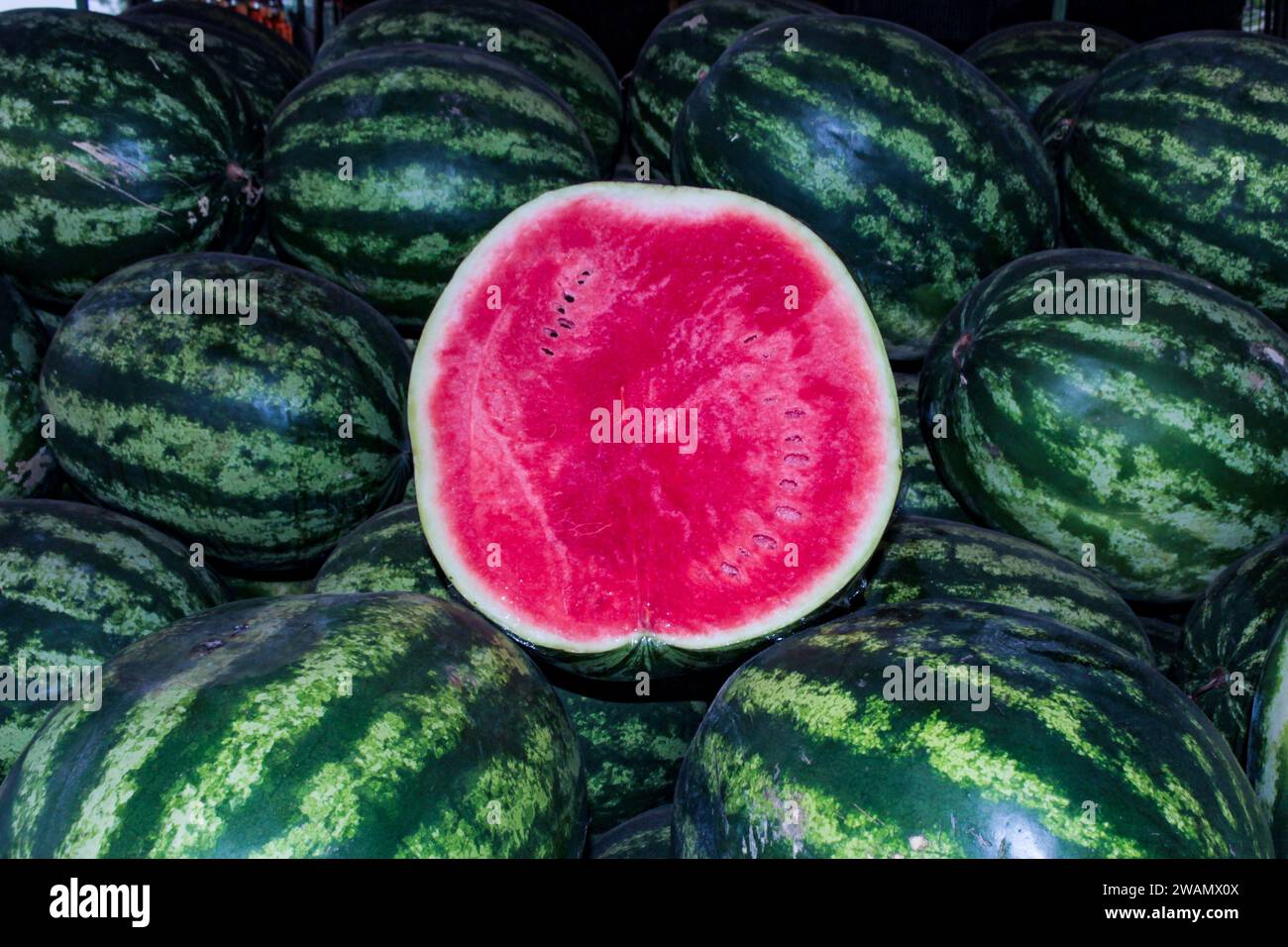 Half of a watermelon, the fruit of a creeping vine, from the ...