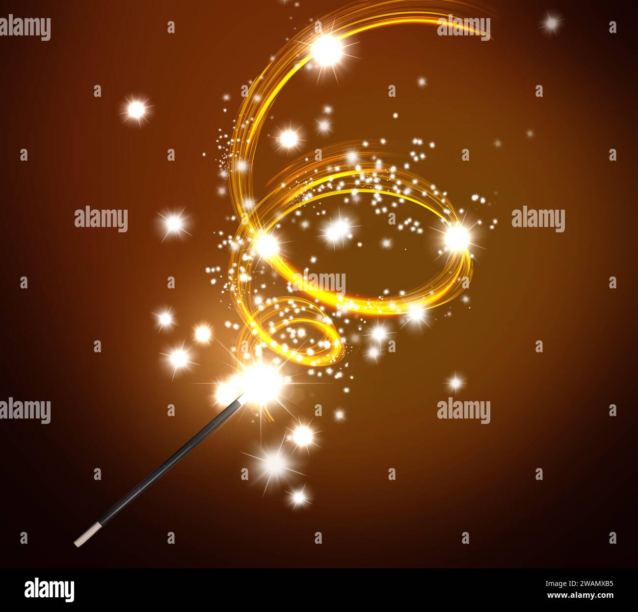 Conjuring spell with magic wand on orange gradient background Stock ...