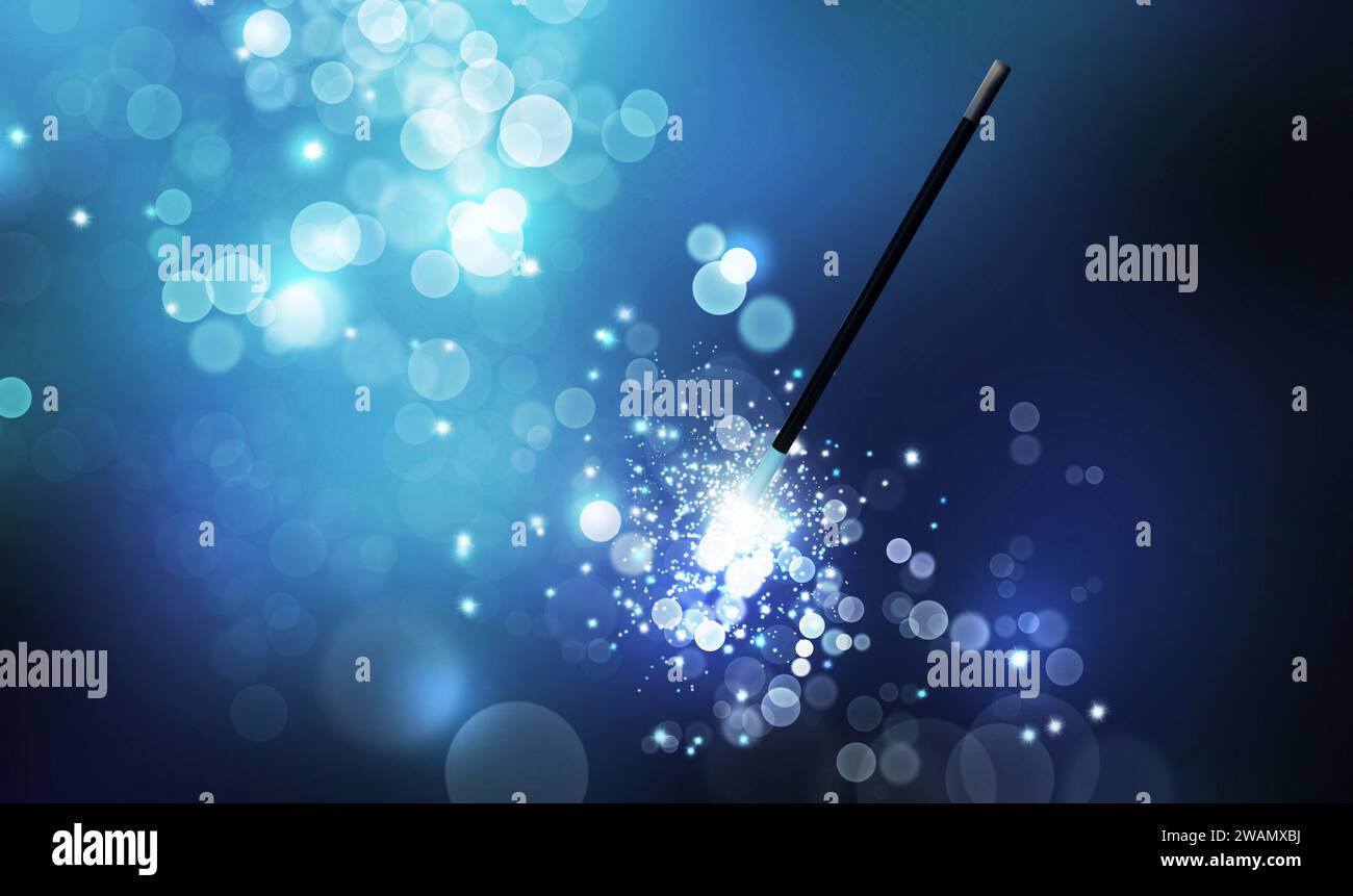Magic wand and enchanted lights on blue gradient background Stock Photo ...