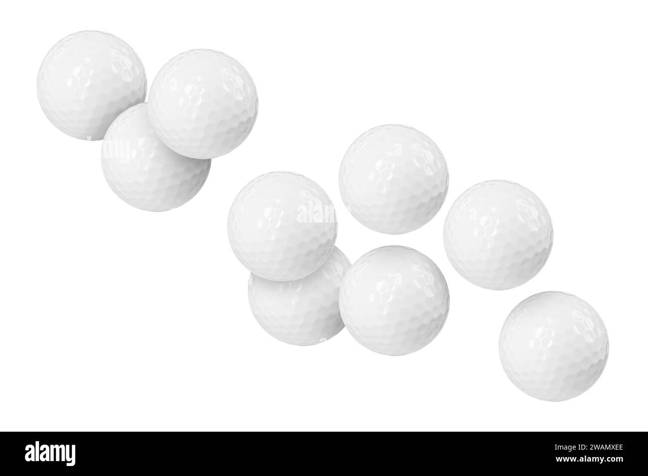 Many golf balls flying on white background Stock Photo - Alamy