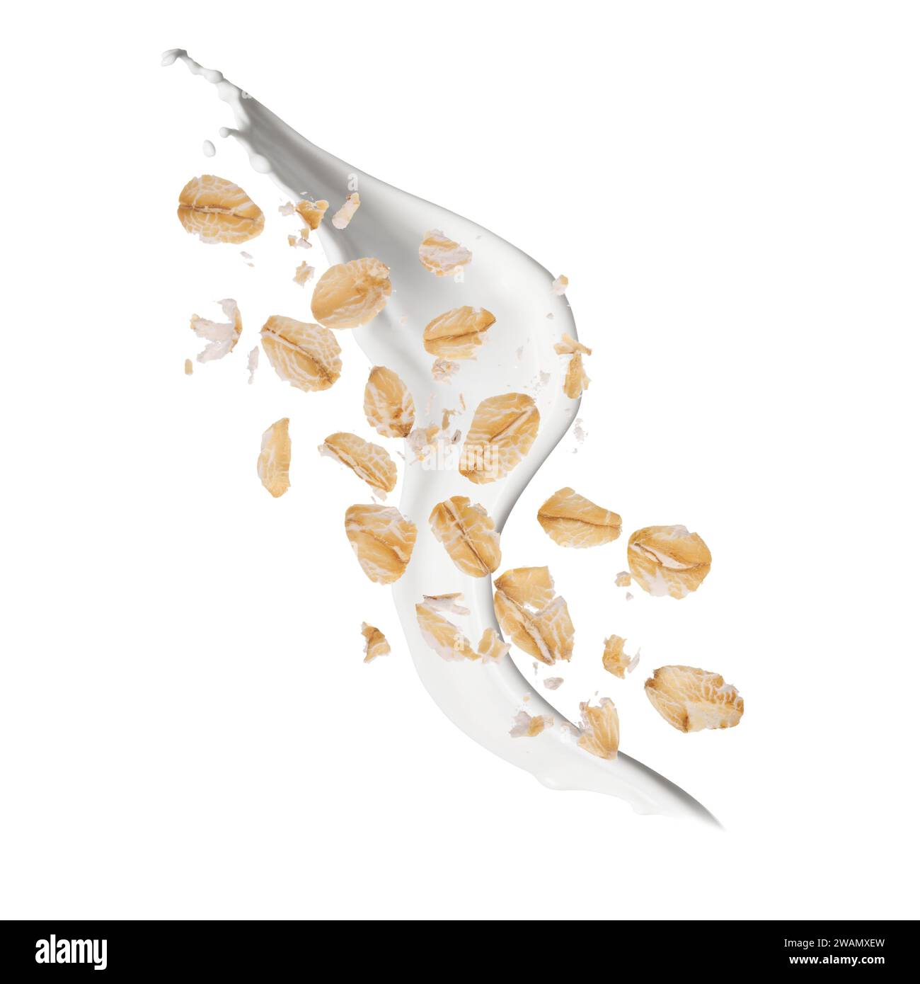 Rolled oats and milk splash isolated on white Stock Photo - Alamy