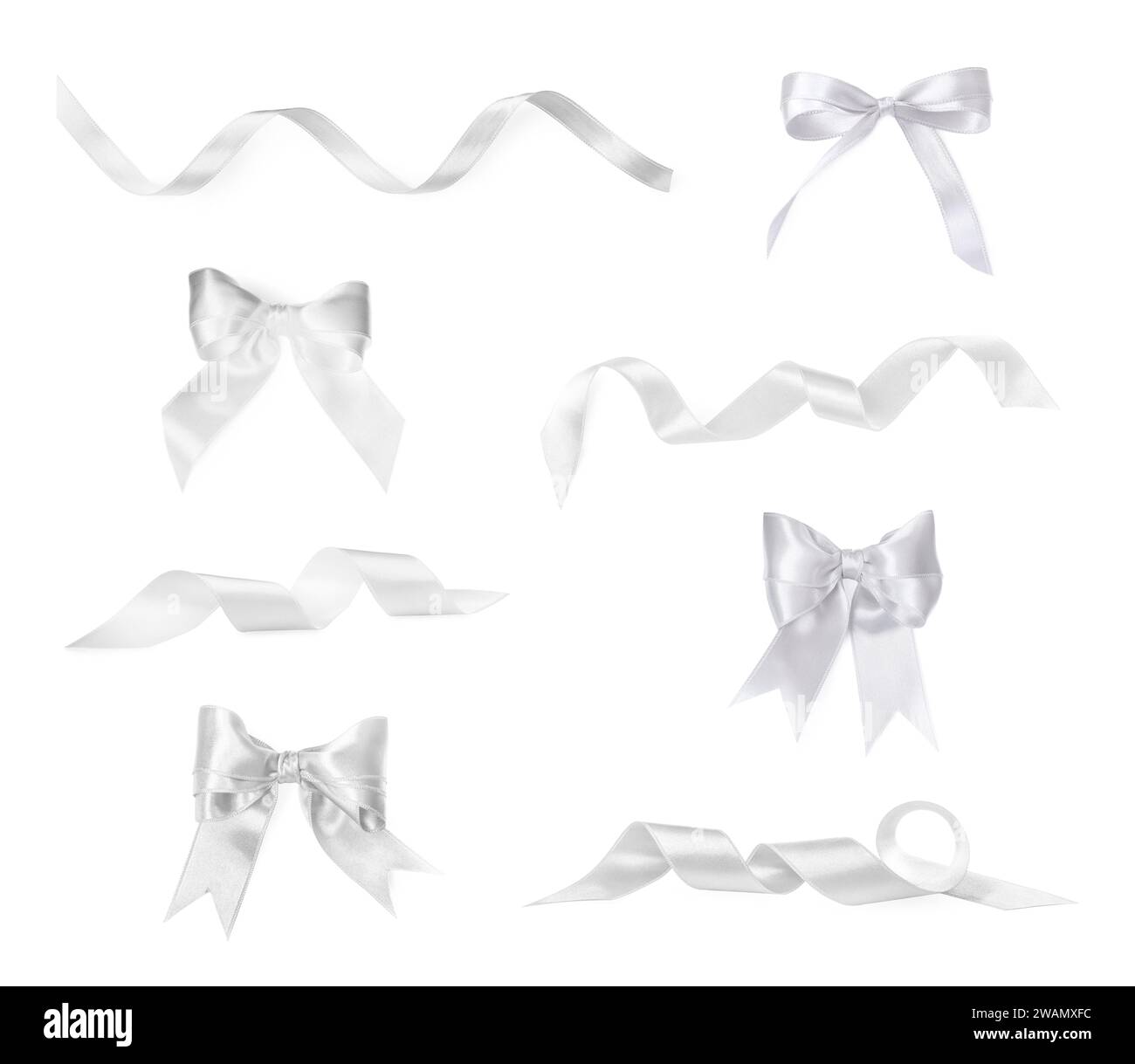 White satin ribbons and bows isolated on white, set Stock Photo - Alamy