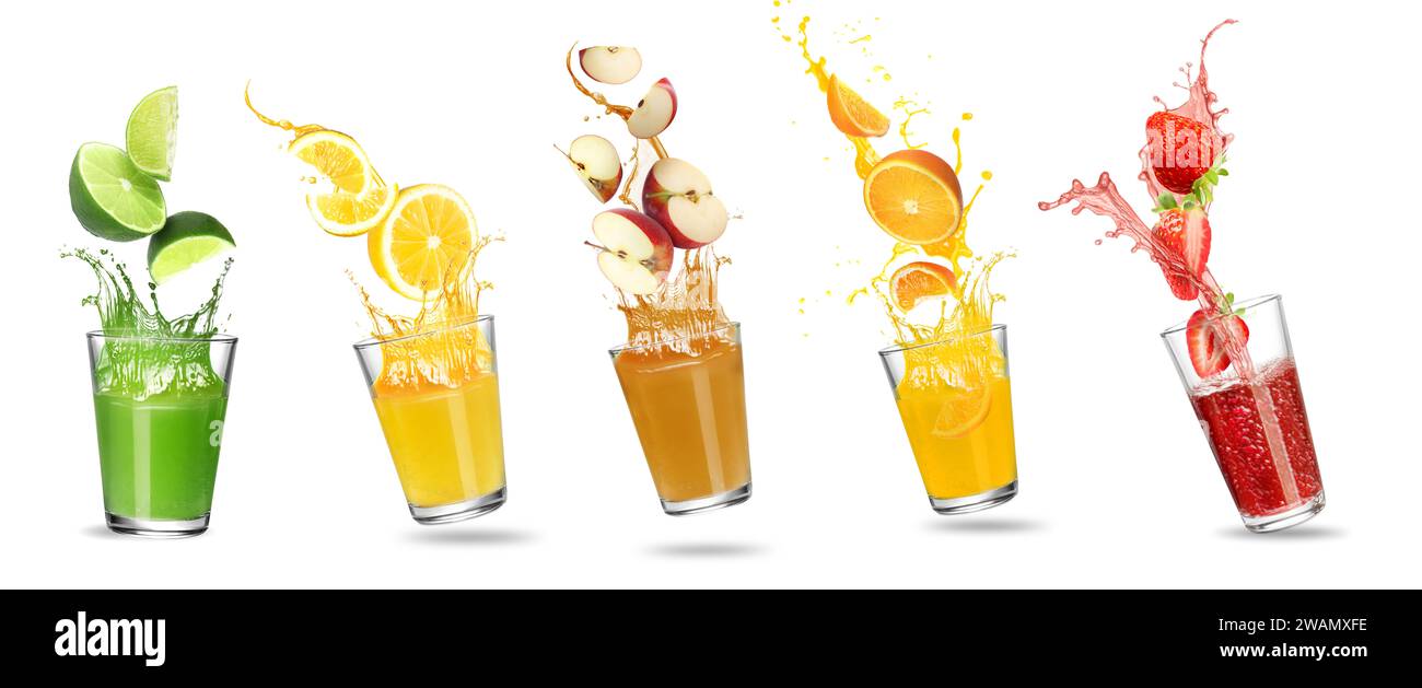 Fresh fruit juices splashing from glasses on white background, set ...