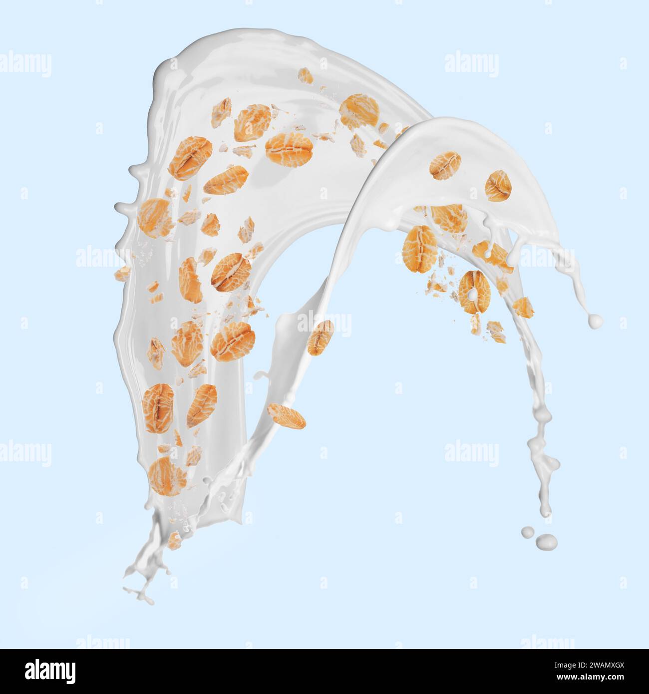 Rolled oats and milk splash on light blue background Stock Photo - Alamy