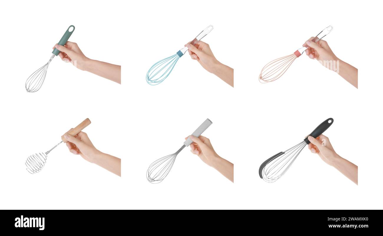 Woman holding different whisks on white background, closeup. Collection ...