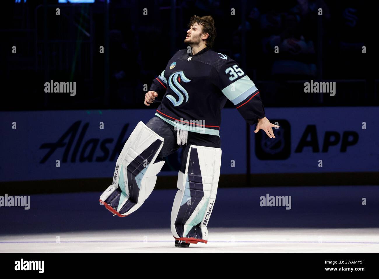 Seattle Kraken goaltender Joey Daccord celebrates the 4-1 win over the ...