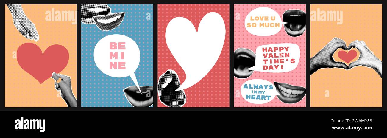 Valentines day halftone collage posters set vector illustration Stock ...