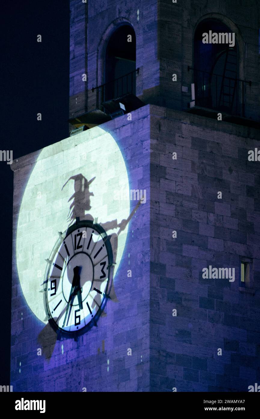 Latina, Italy. 5th Jan, 2024. The shadow of the Flying Befana projected ...