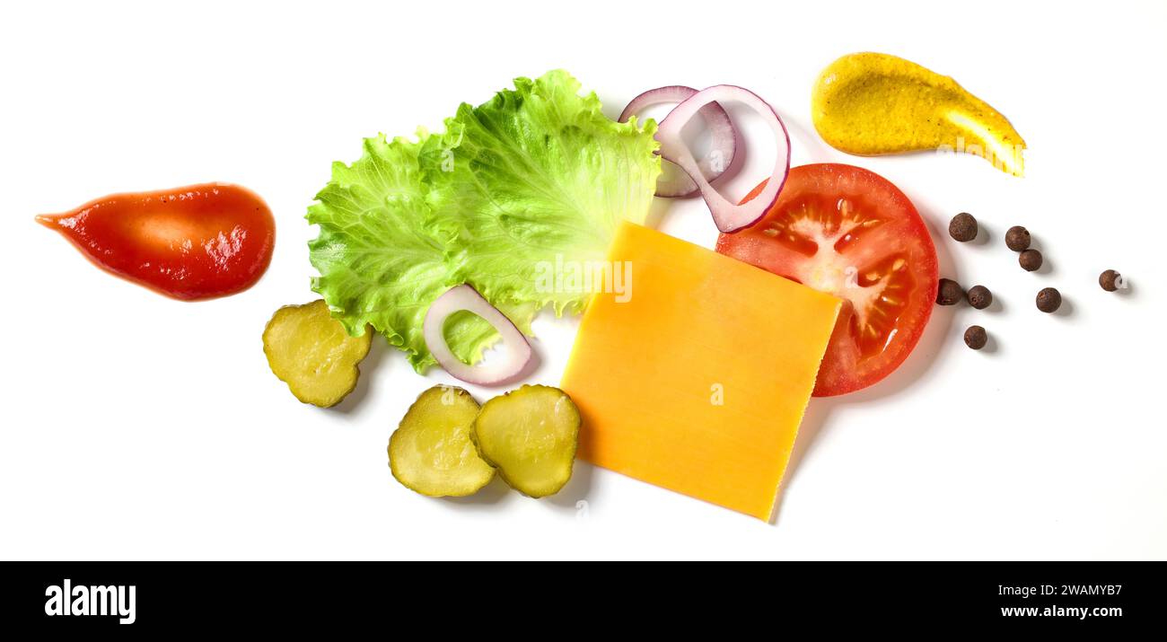 various food ingredients isolated on white background, top view Stock ...