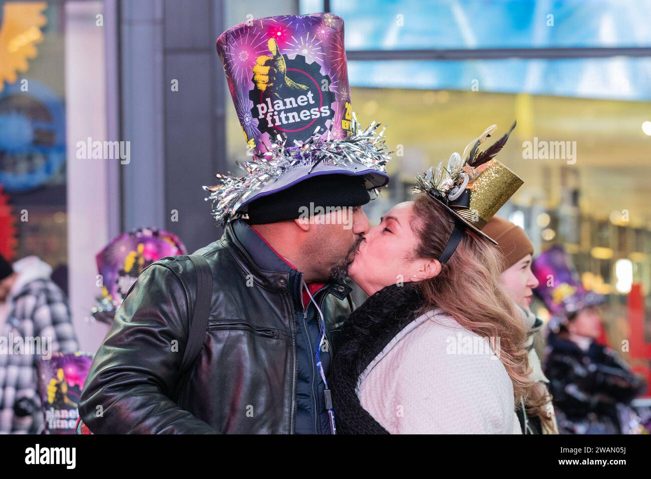 Revelers celebrating 2024 New Year's Eve on Times Square in New York on ...