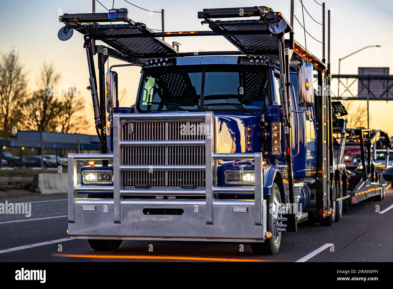 Blue classic industrial car hauler big rig semi truck tractor with ...