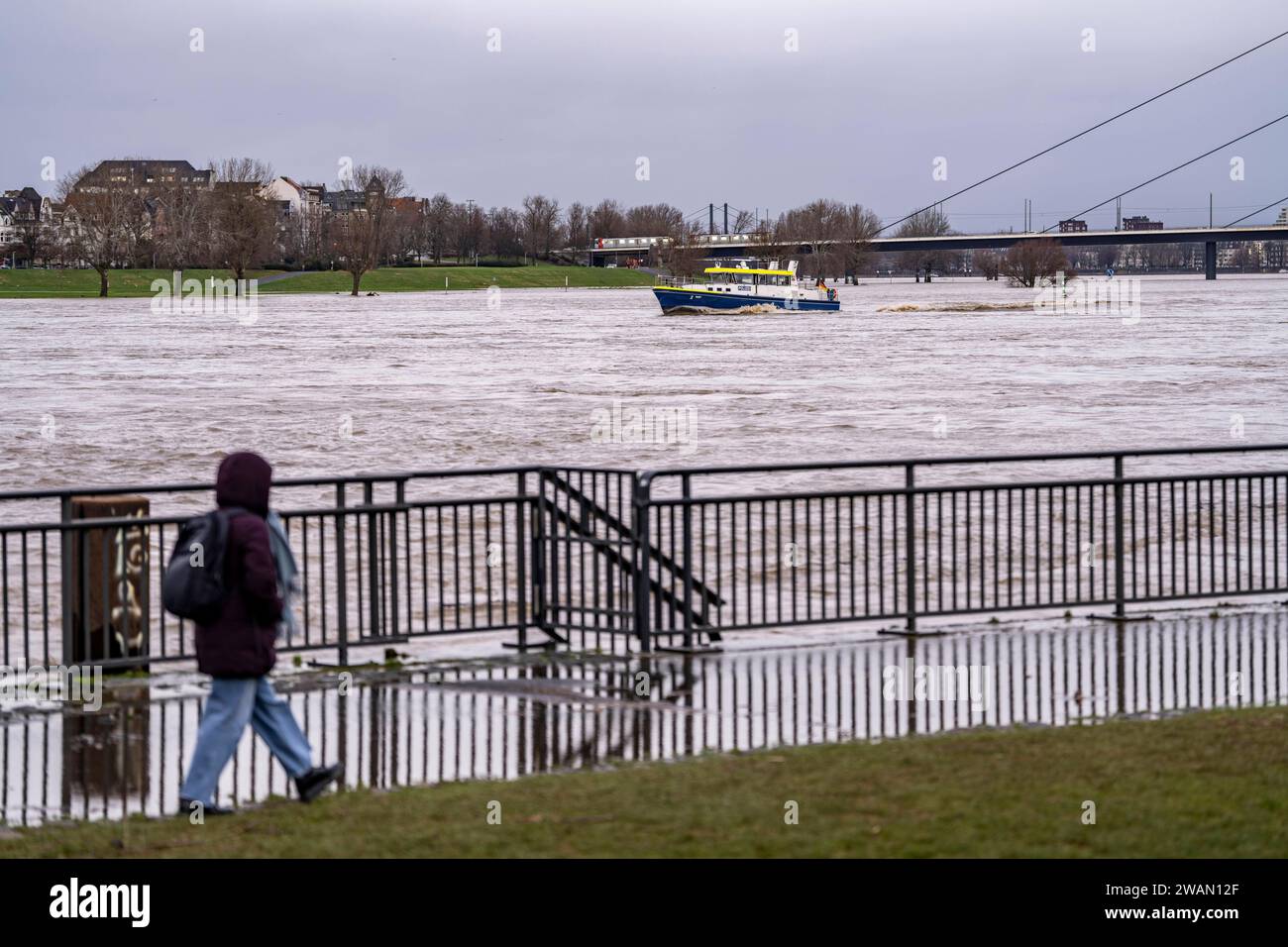 Boot der Wasserschutzpolizei, Hochwasser des Rhein bei Düsseldorf, NRW ...