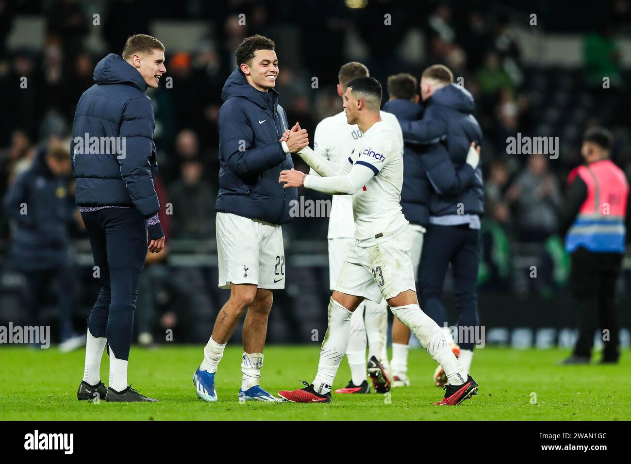 Tottenham Hotspur's Brennan Johnson (left) and Tottenham Hotspur's Pedro Porro (right) after the ...