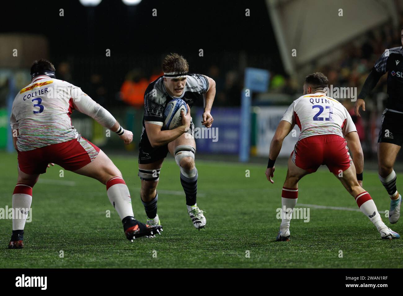 Newcastle, UK. 05th Jan, 2024. Guy Pepper of Newcastle Falcons takes on ...