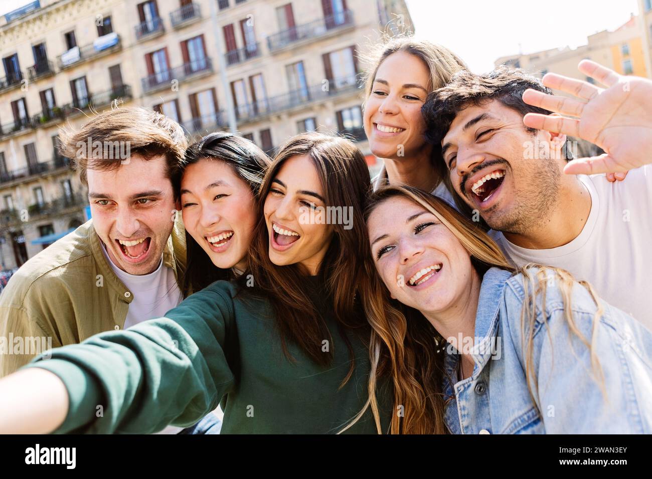 Young group of happy people taking selfie portrait outdoors Stock Photo - Alamy