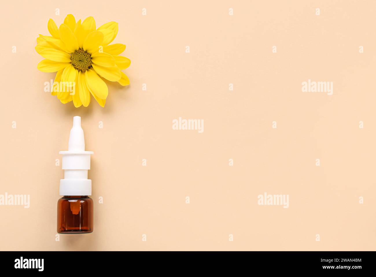 Nasal drops with daisy flower on beige background. Seasonal allergy ...