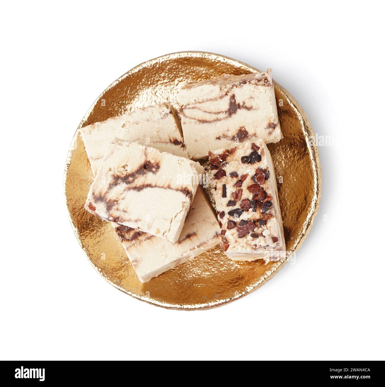 Plate with pieces of tasty marble halva on white background Stock Photo ...