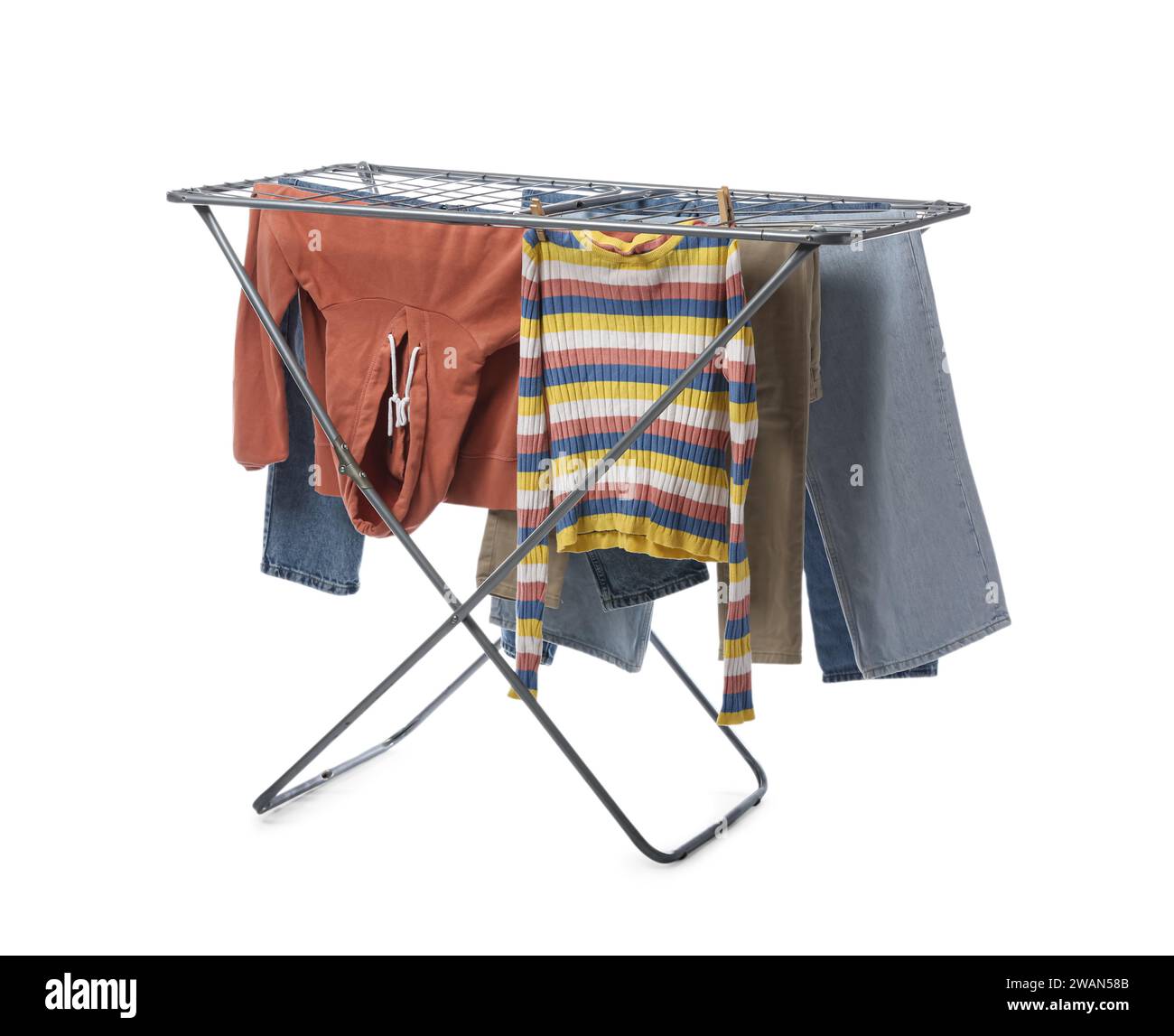 Dryer with clean clothes isolated on white background Stock Photo - Alamy