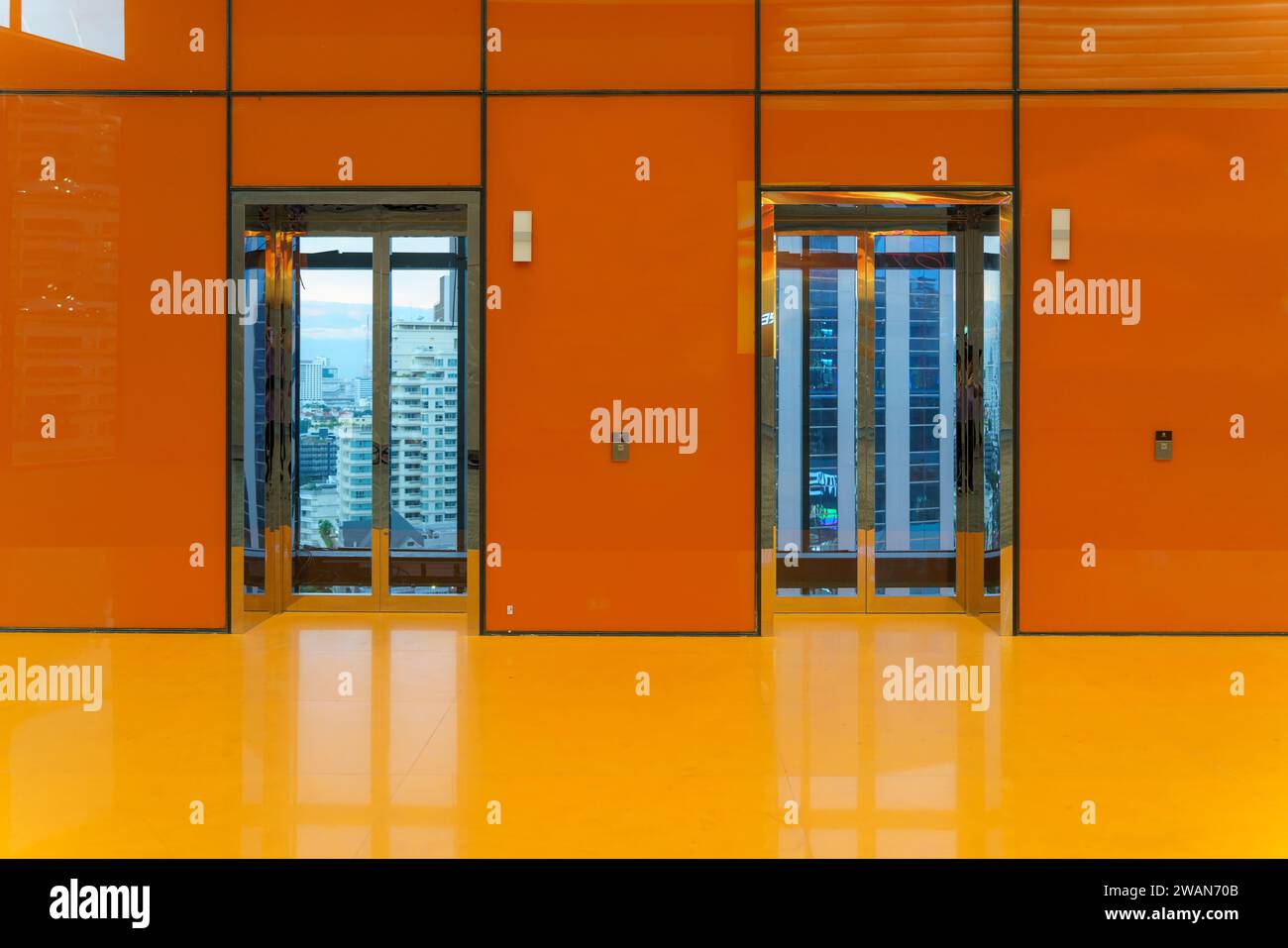 Empty glass modern elevator set in a chic mall sleek and contemporary ...