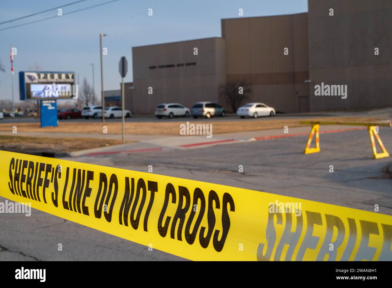Perry, Iowa, USA. 5th Jan, 2024. Police tape surrounds the high school ...