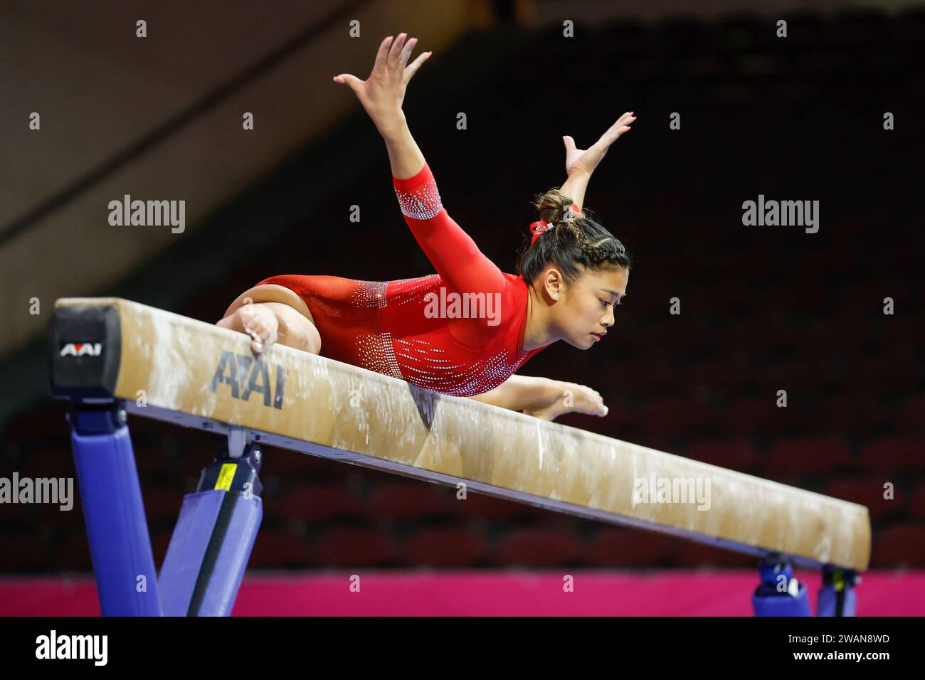 Denver's Bella Mabanta competes on the balance beam during an NCAA ...