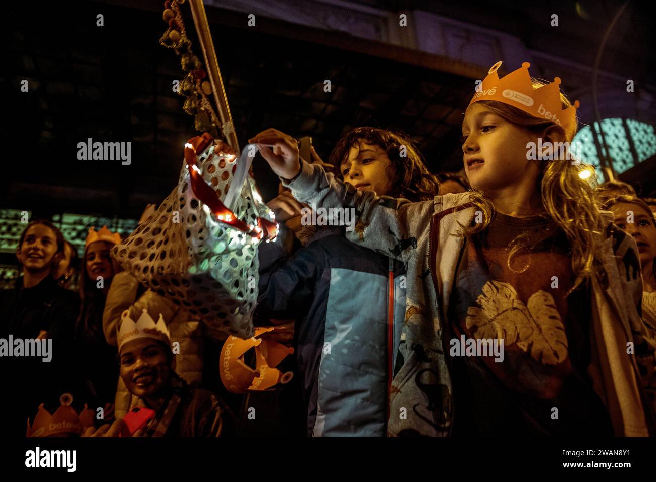 Barcelona, Spain. 5th Jan, 2024. Thousands of children hand out their ...