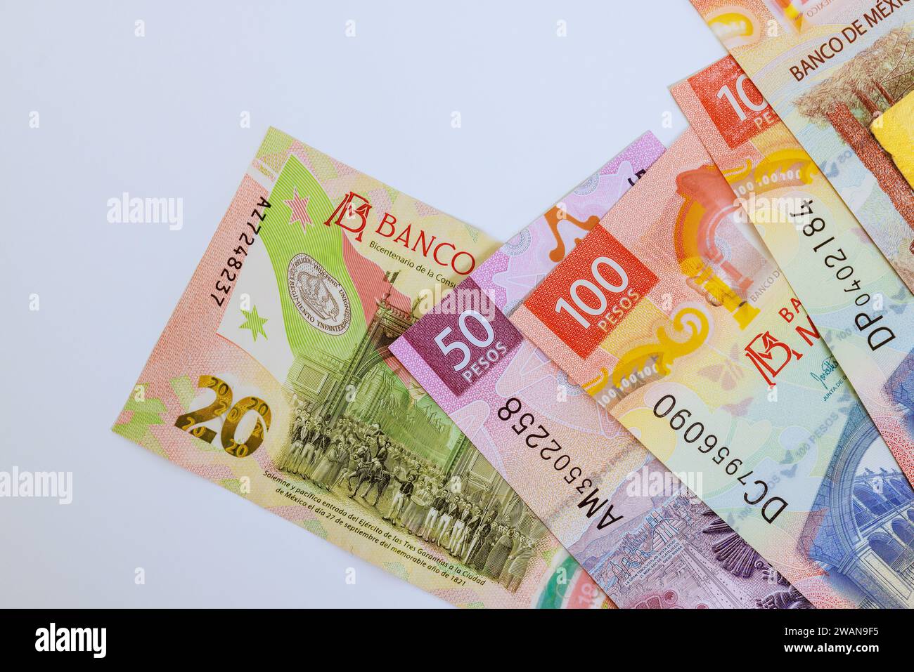 Variety of Mexican currency, including 500, 200, 50, 20 pesos MXN ...