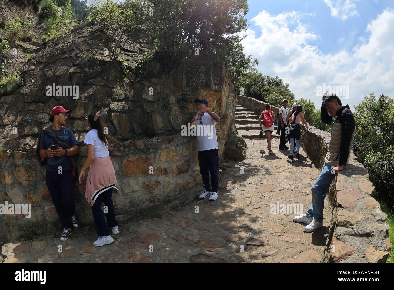 January 3, 2024, Bogota, Colombia: Tourist enjoy climb the Monserrate ...