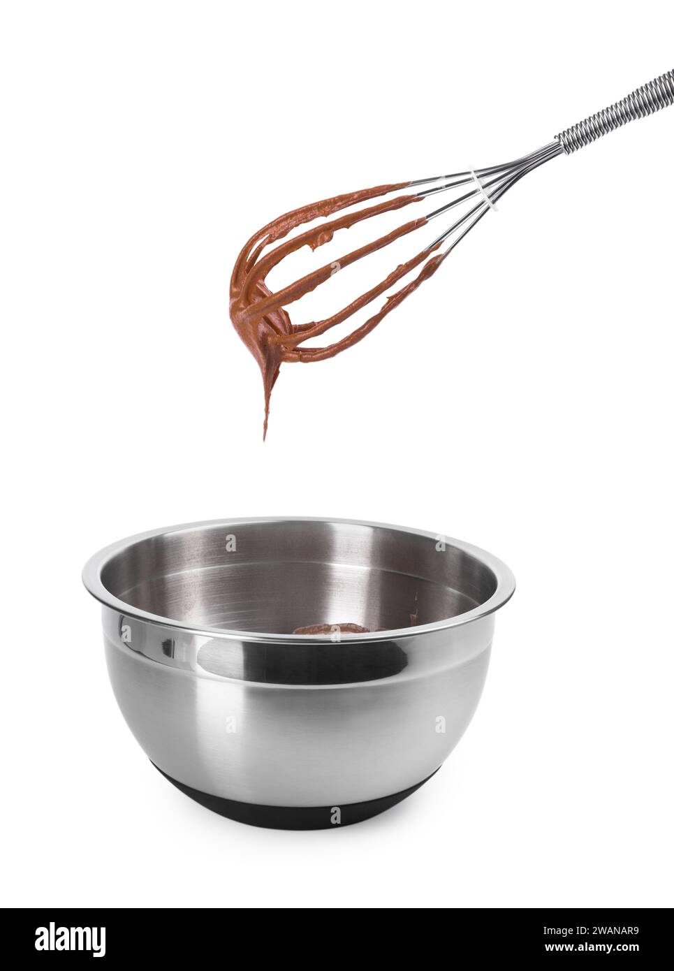 Chocolate cream flowing from whisk into bowl isolated on white Stock ...