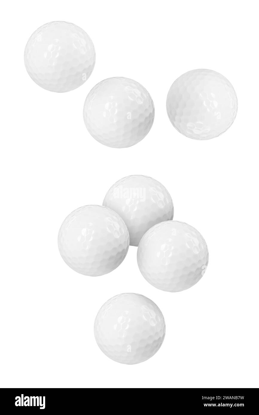 Many golf balls flying on white background Stock Photo - Alamy
