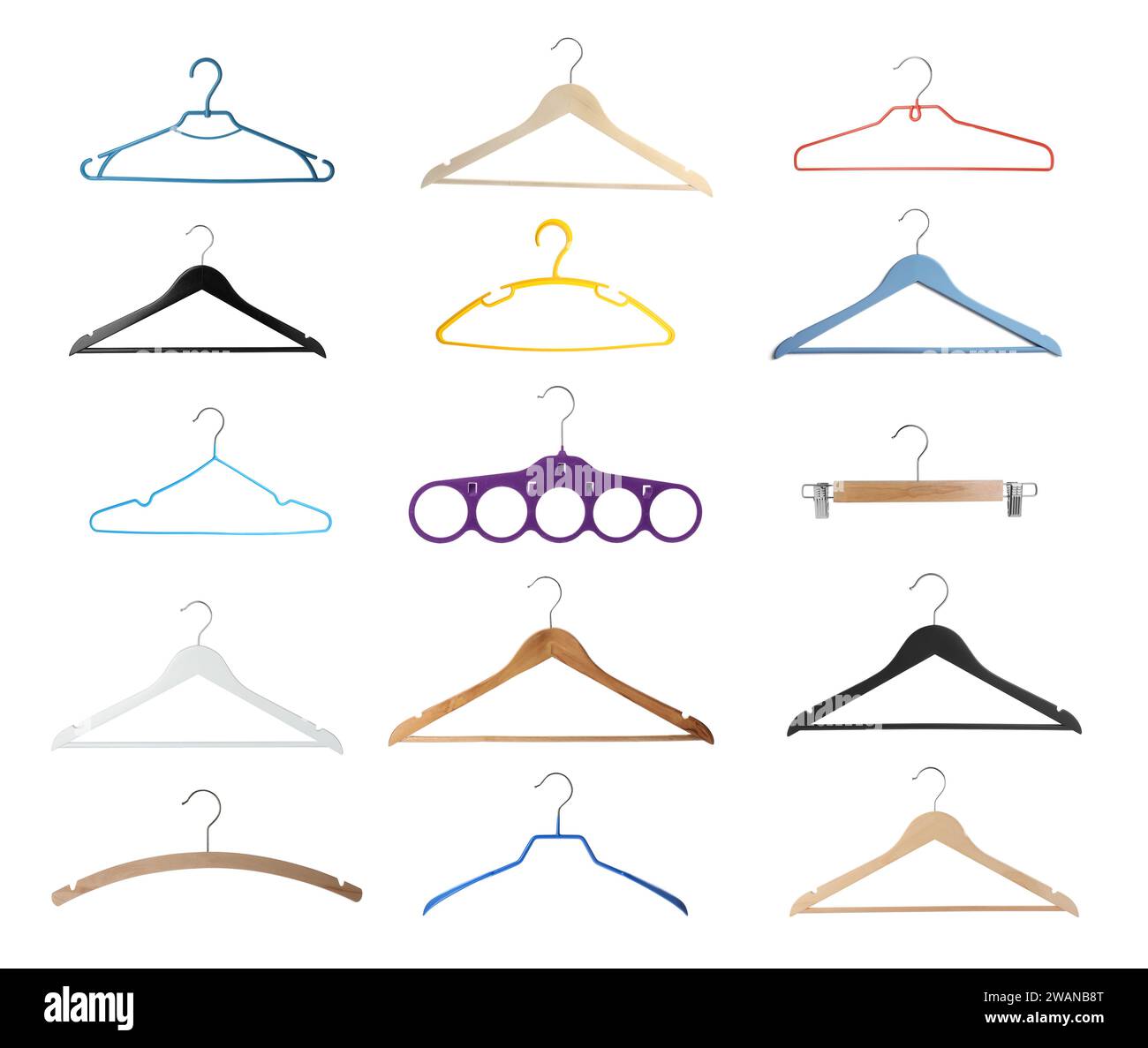 Different empty hangers isolated on white, set Stock Photo - Alamy