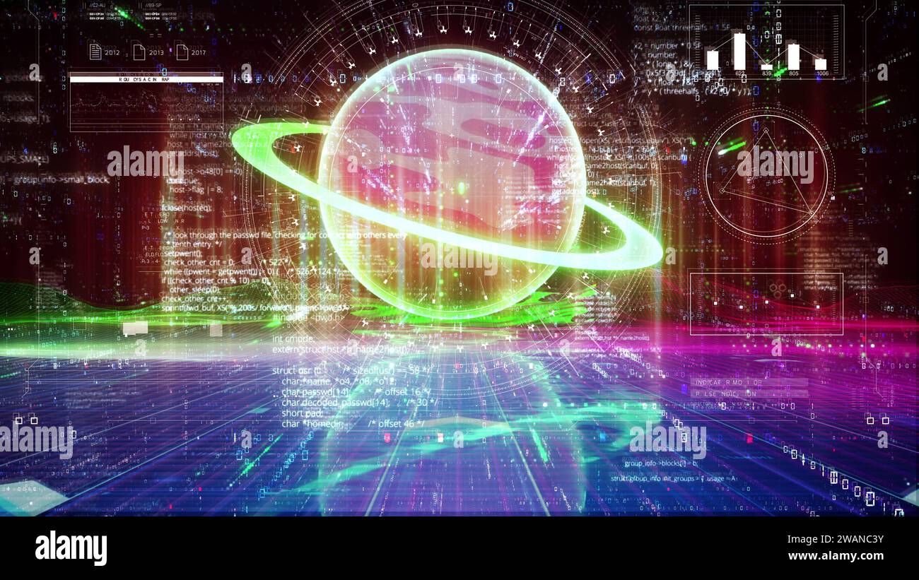 The global communication background, sci fi retro planet rotating with ...