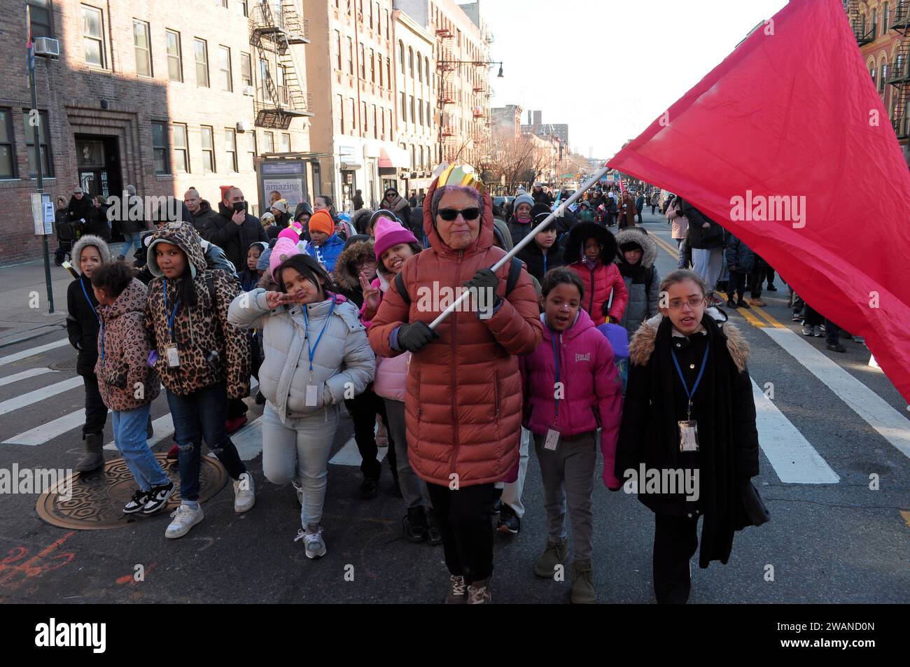 New York City, United States. 05th Jan, 2024. A parade participant ...